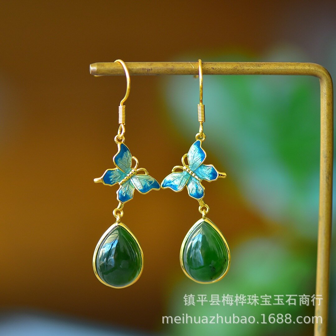 Новые серьги в китайском стиле, древние инкрустированные серьги из нефрита и яшмы, капля воды, бабочка, серьги в древнем стиле, ретро, лучший друг, женский стиль
