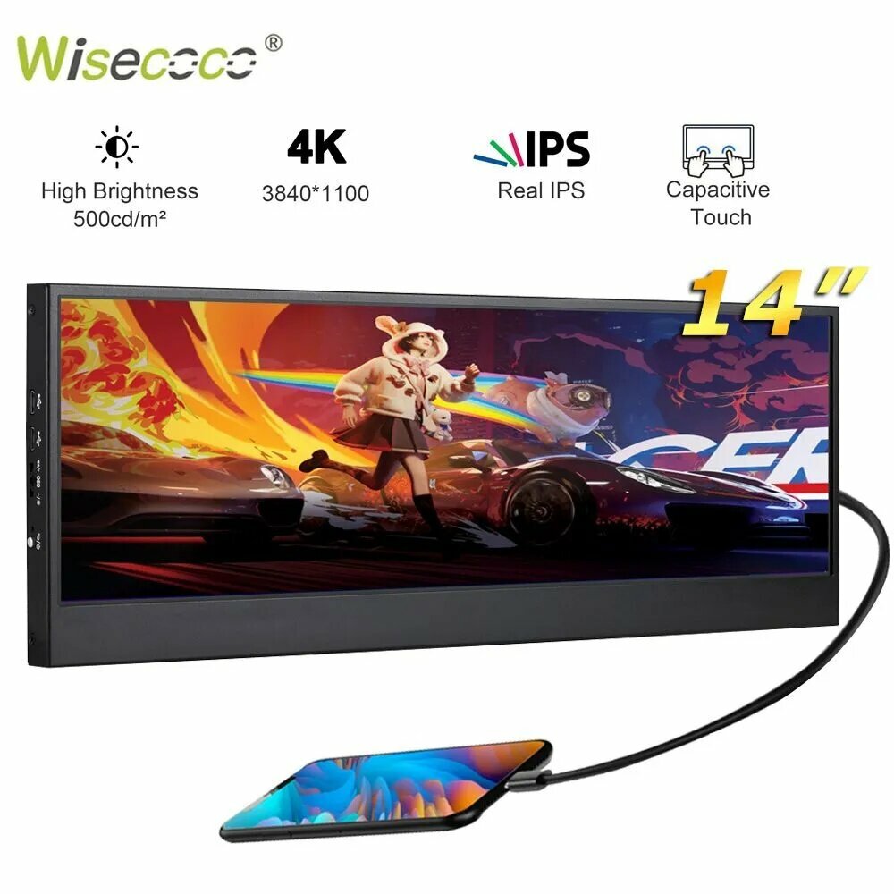 Wisecoco 14" Монитор 4K UHD IPS Сенсорный экран 3840×1100 (длинный формат) – Type-C/HDMI, мониторинг CPU/GPU (Aida64, Windows) для ПК/ноутбуков, редактирования медиа, черный