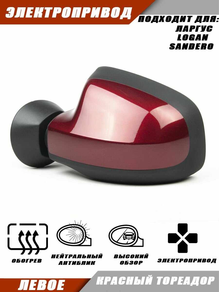 Зеркало Логан левое электропривод, обогрев, цвет Красный тореадор 21B. 963023520R 963017247R Solina