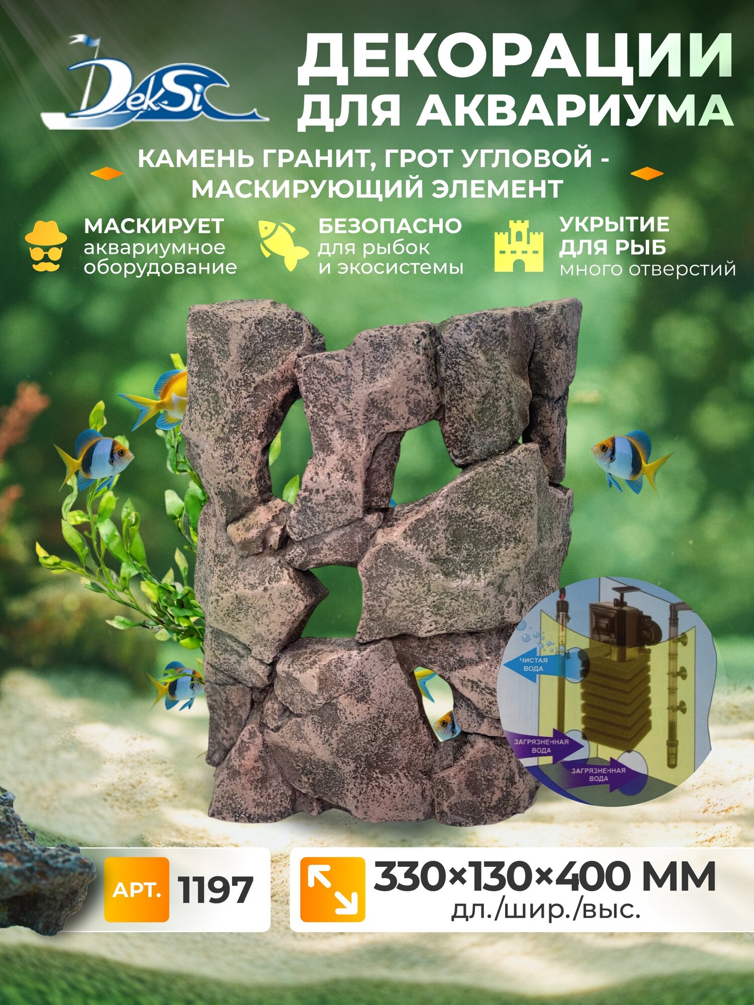 Декорация для аквариума камень Гранит, грот DEKSI 1197 маскирующий элемент для фильтра и обогревателя