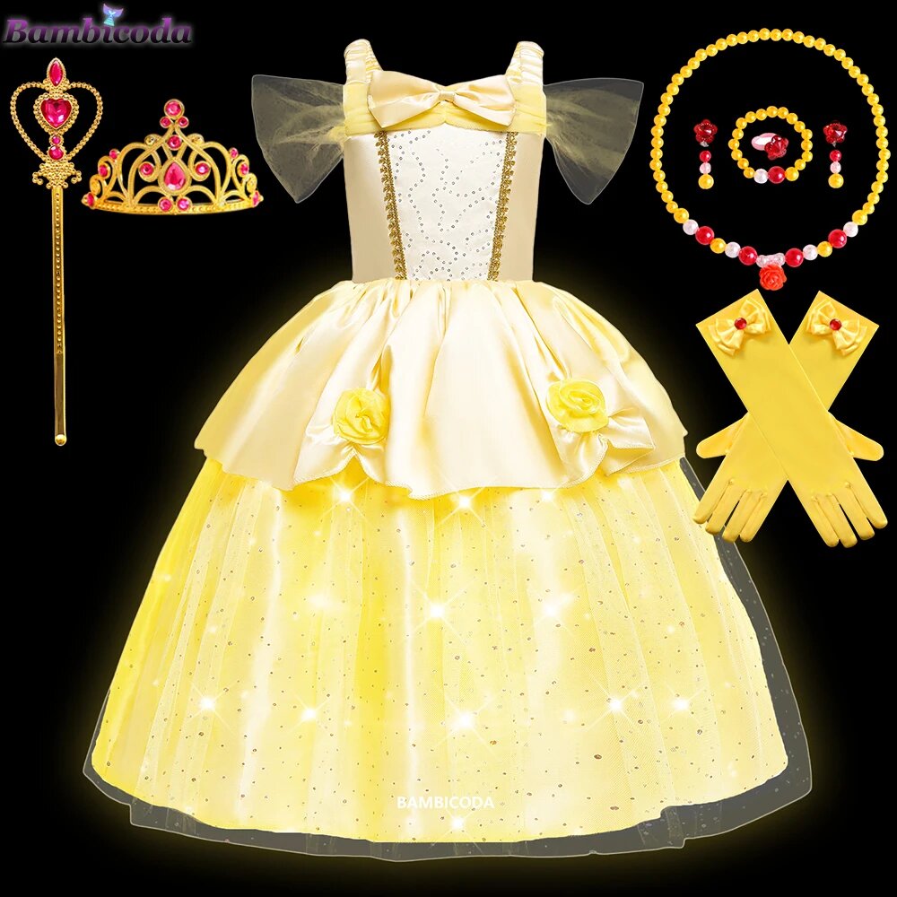 Платье принцессы Белль BAMBICODA для косплея 3-12 лет Желтый, 7-8T(140), Package list 3- led