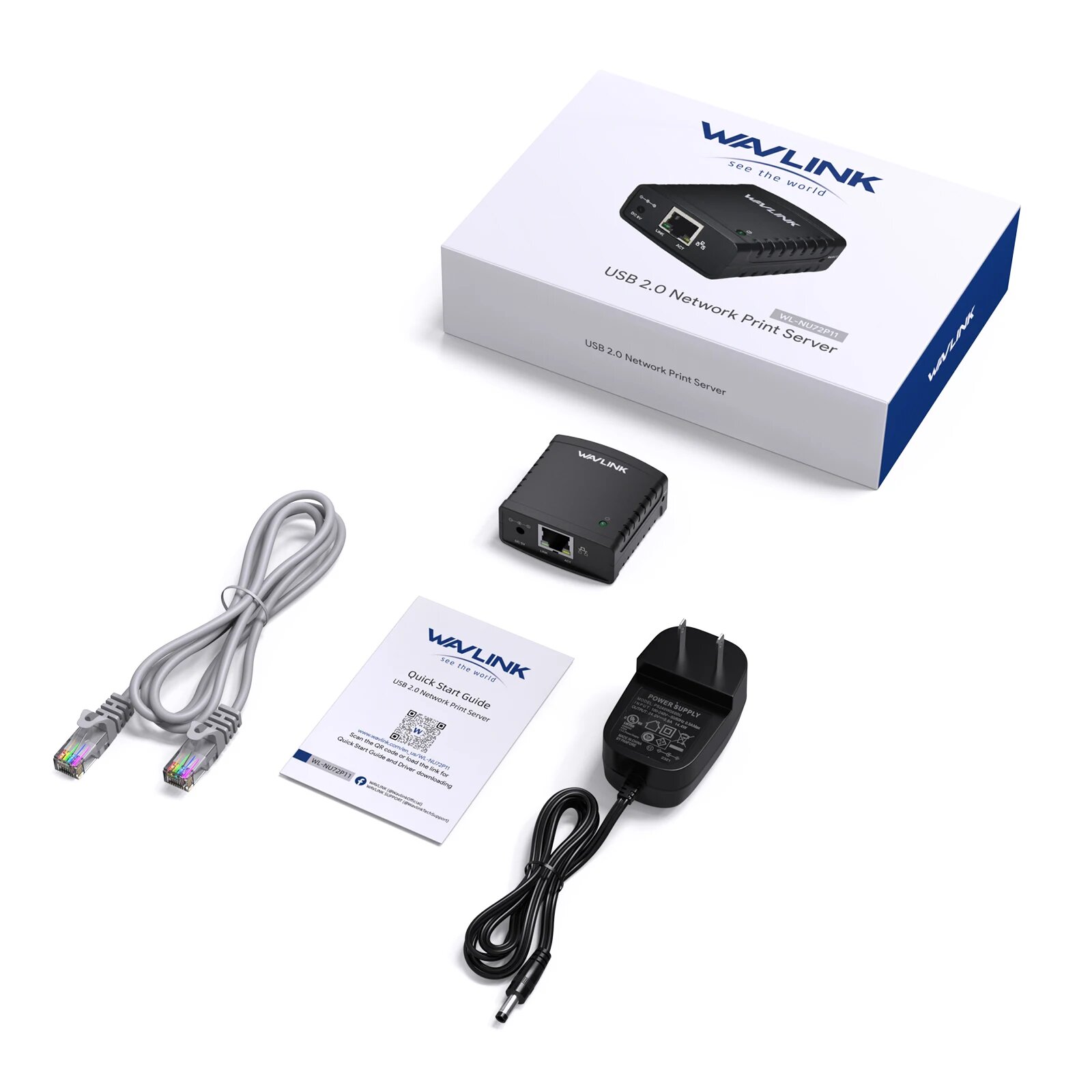 Wavlink USB 2.0 Network Print Server, Black, US Plug