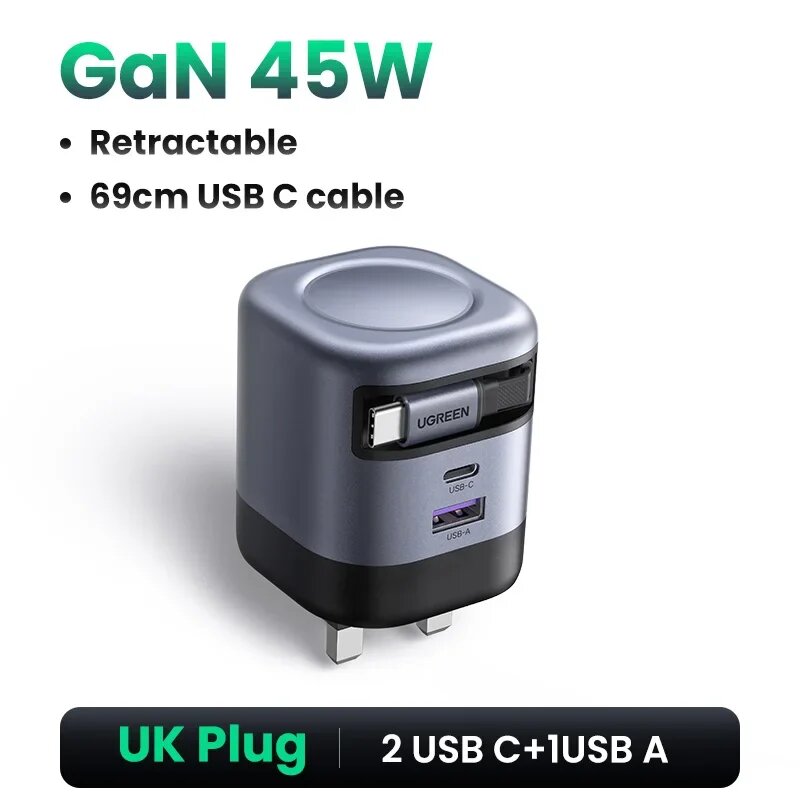 Зарядное устройство UGREEN 65 Вт GaN с выдвижным кабелем USB C для iPhone 17 16 Pro UK GaN 45W