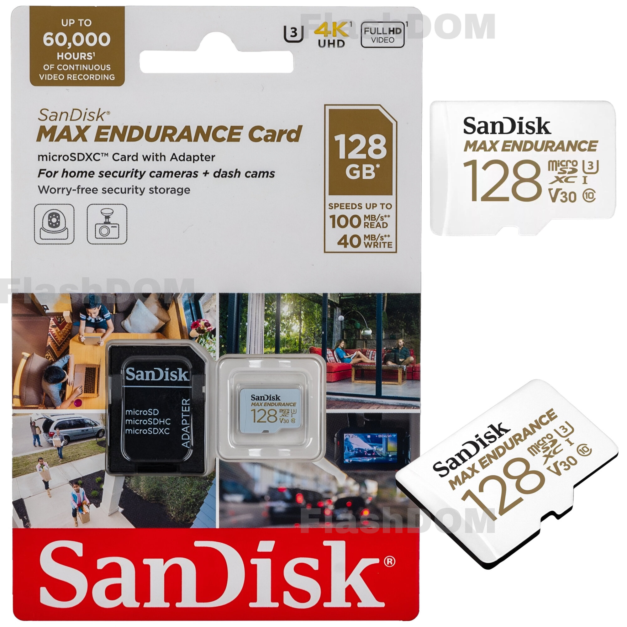 Карта памяти SanDisk MicroSDXC 128 ГБ MAX Endurance for Home Security Card UHS-I U3 V30 (100 Mb/s) Class 10 + SD адаптер