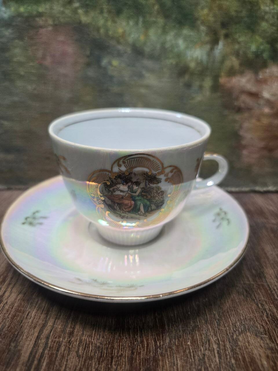 Чайная пара Мадонна винтажная, Фарфор, перламутр, золочение, Германия