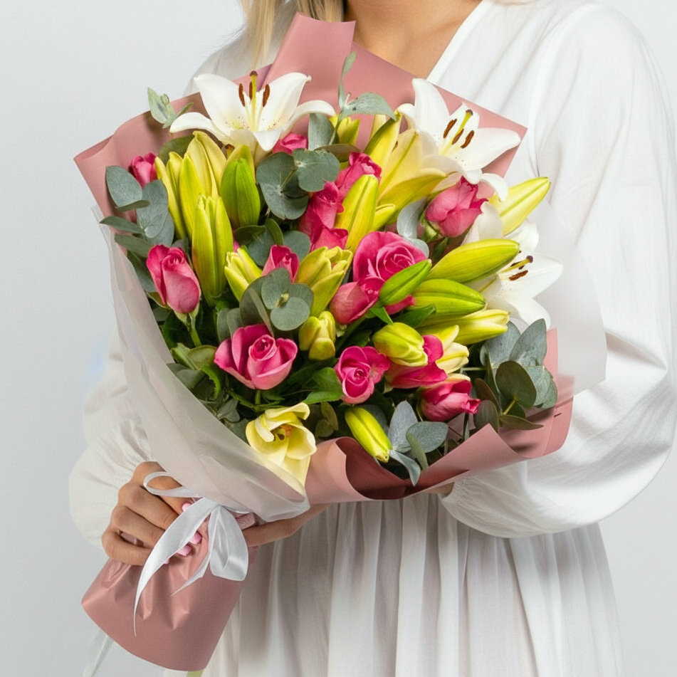 Дуо-букет Мегацвет24 "Роза и Лилии", ярко-розовый/белый, дизайнерская упаковка