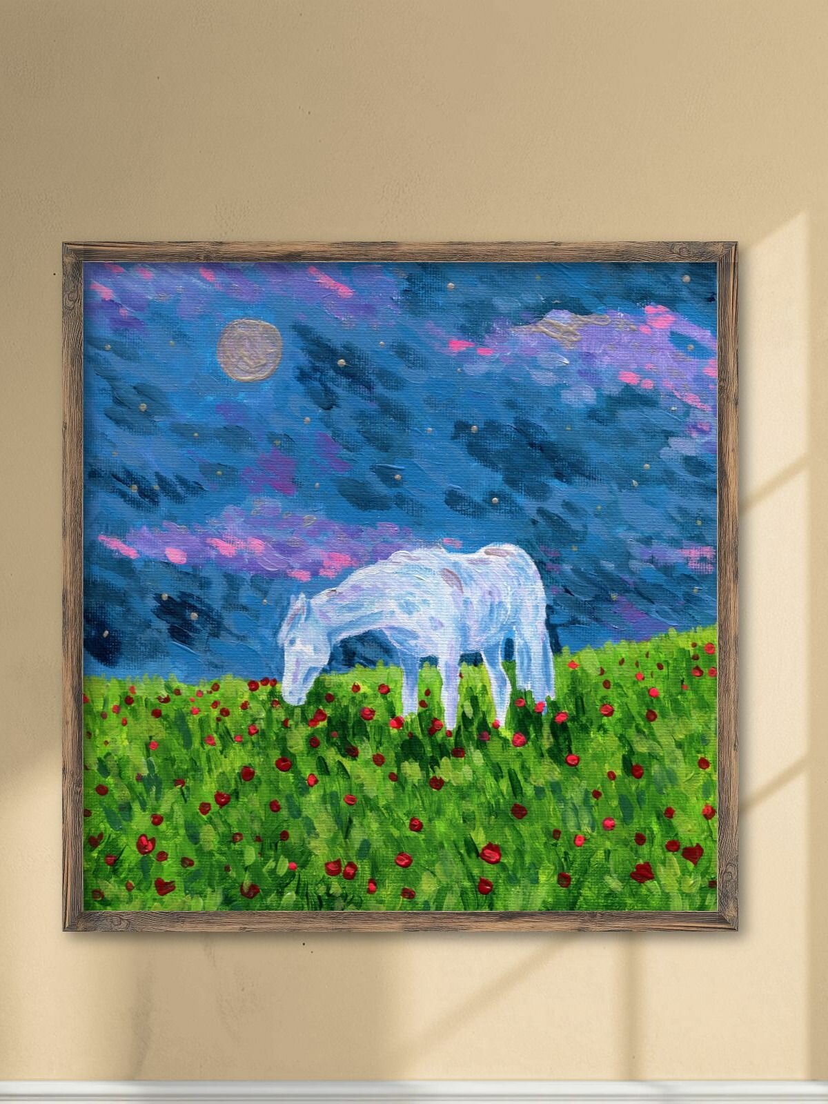 Картина для интерьера "Белая лошадь в поле маков" Картина акрилом на холсте