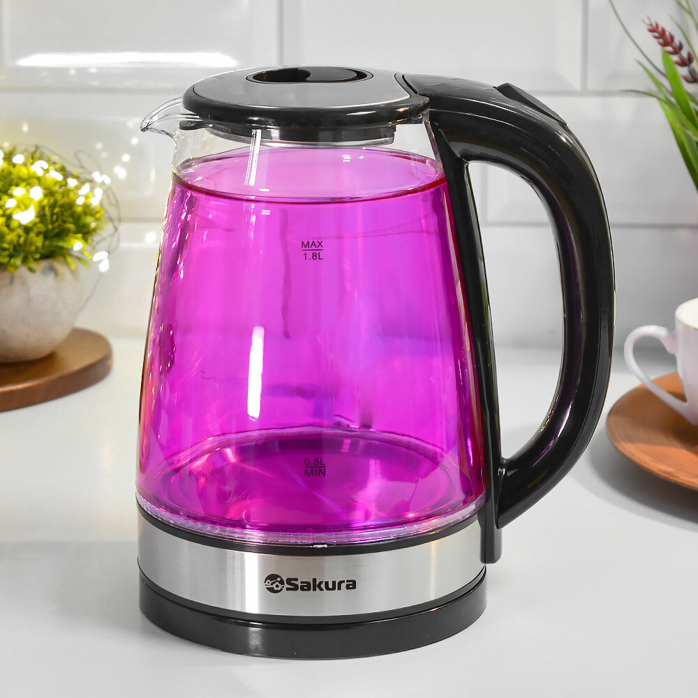 Чайник электрический Sakura SA-2744P, стеклянный 1.8л, подсветка, 1800Вт, автоотключение