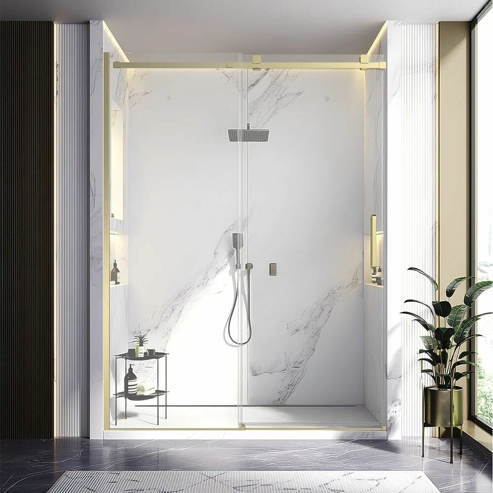 Душевая дверь в нишу Veconi Vianno раздвижная VN-75G, 130х200 см, стекло прозрачное, профиль брашированное золото VN75G-130-01-C4