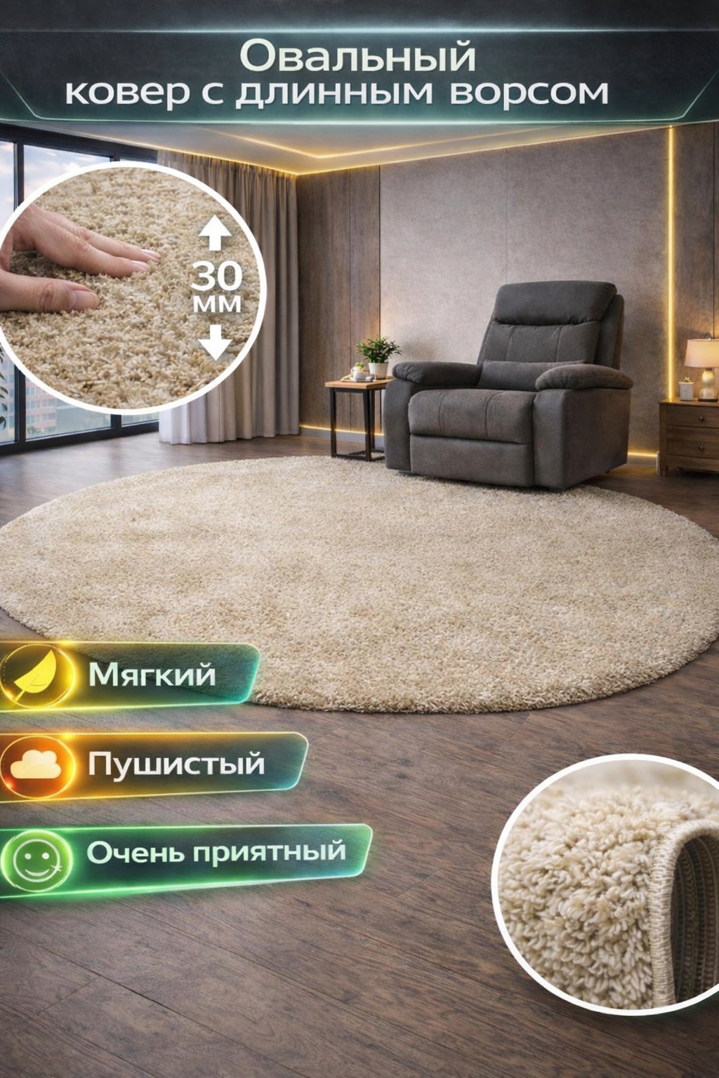 Ковер овальный светло-бежевый с длинным ворсом 30 мм Фьюжн 42104-48123 мягкий пушистый 1x2м