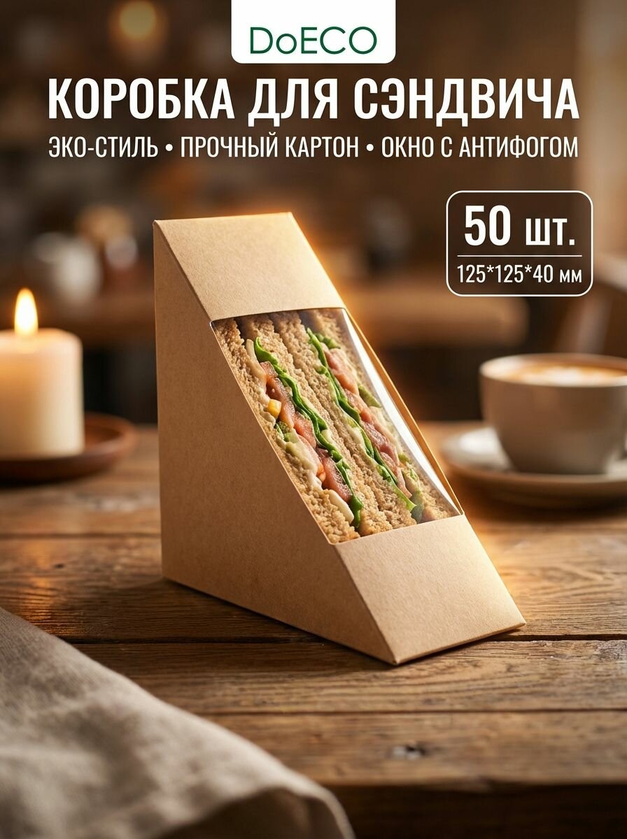 Коробка треугольная для сэндвича DoECO SANDWICH 40, с окном Крафт 125*125*40 мм, 50 шт.