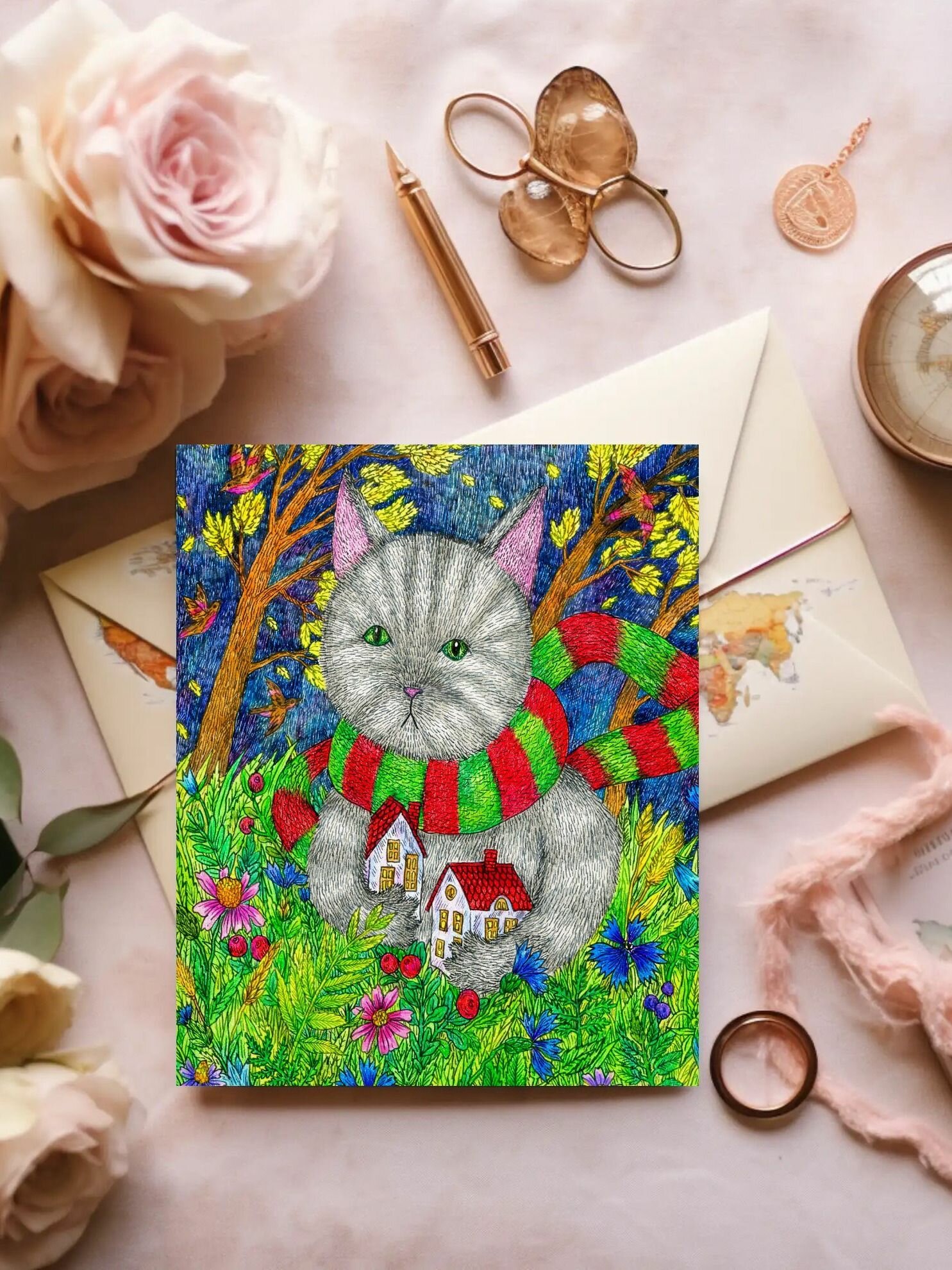 Открытка Хранитель домиков. Открытка с котом поздравительная с конвертом