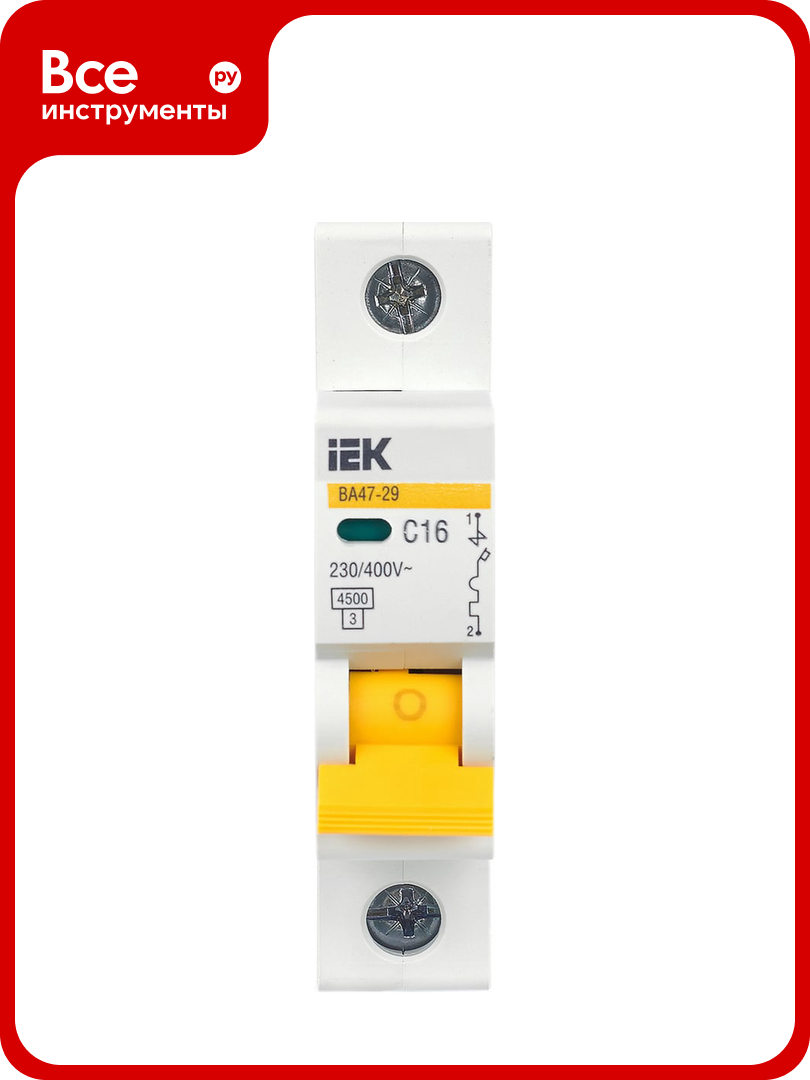 Автоматический, IEK, выключатель IEK ВА47-29 1п, 16А, "С", 4.5кА MVA20-1-016-C, защиты распределительных и групповых
