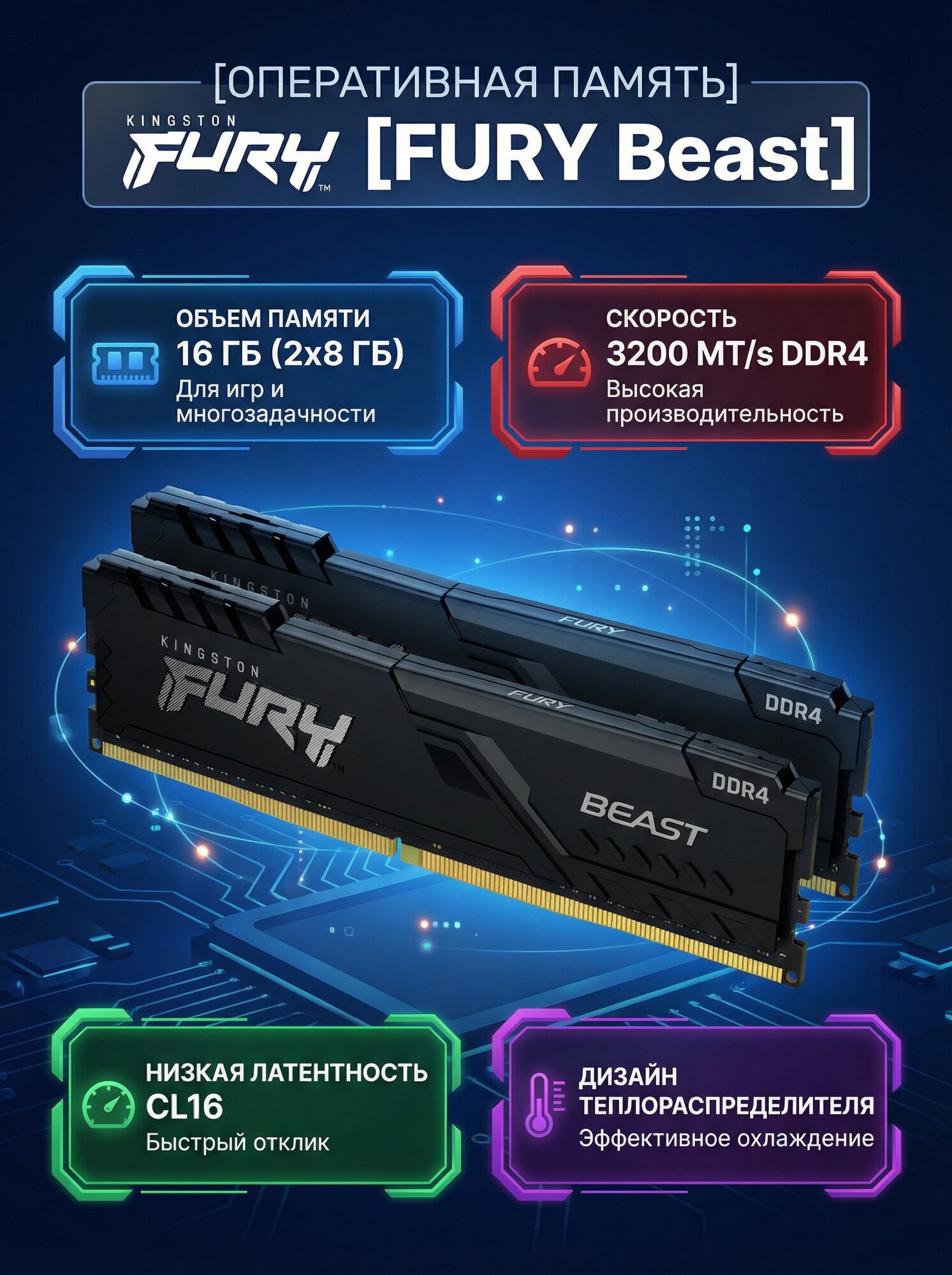 Оперативная память Kingston 16GB 3200MT/s DDR4 CL16 DIMM (Kit of 2) FURY Beast Black (Kingston KF432C16BBK2/16)
