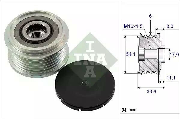 Шкив генератора INA 535005910 Citroen Berlingo, C3, C4, C5, Fiat Ducato, Scudo, Ford Mondeo, S-Max, Peugeot 206, 207, 306, 307, 308, 407 1.4-2.2, Td 96->