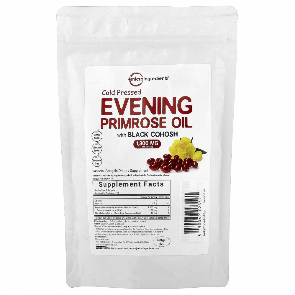 Micro Ingredients, масло примулы вечерней с воронцом кистевидным, холодного отжима, 240 мини-капсул
