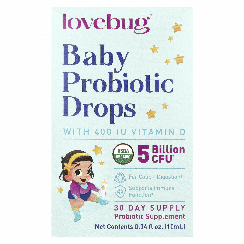 LoveBug Probiotics, пробиотик в каплях для детей, с витамином D, 10 мл (0,34 жидк. унции)