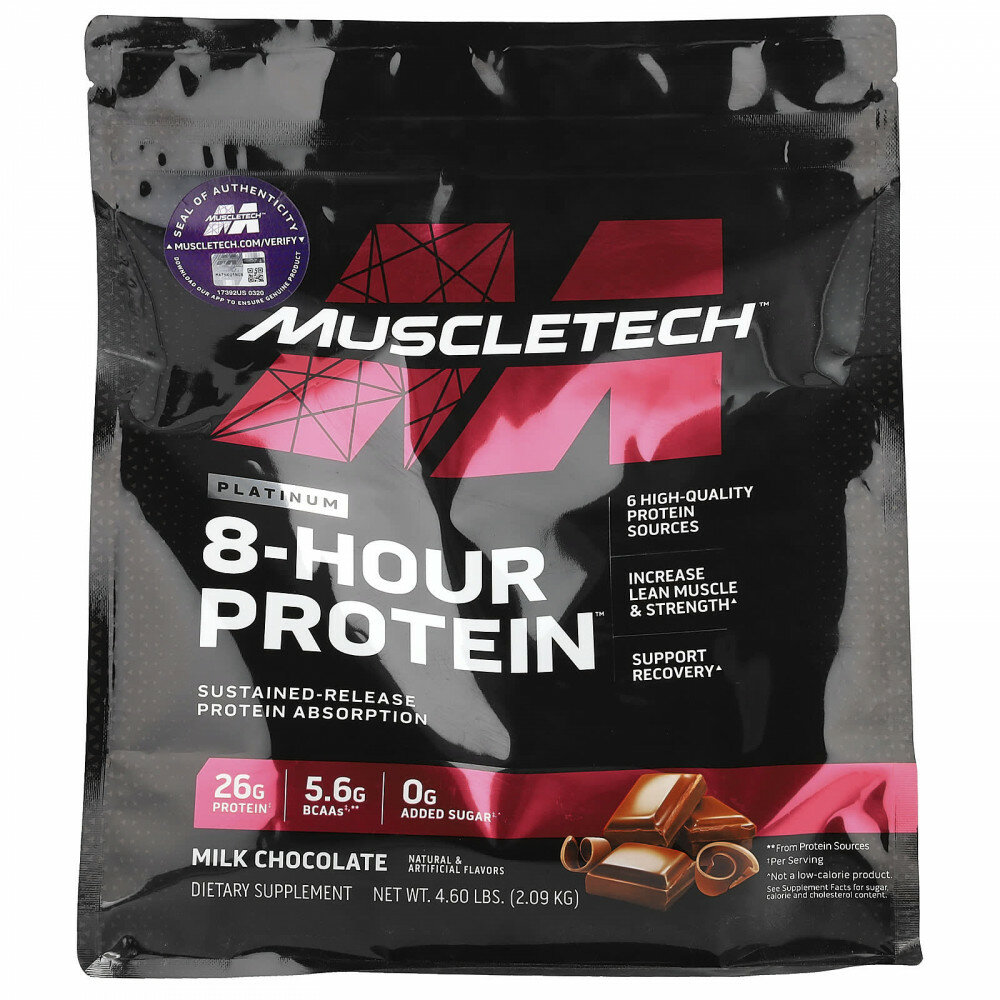MuscleTech, Platinum 8-Hour Protein, смесь для приготовления протеинового коктейля, молочный шоколад, 2,09 кг (4,6 фунта)