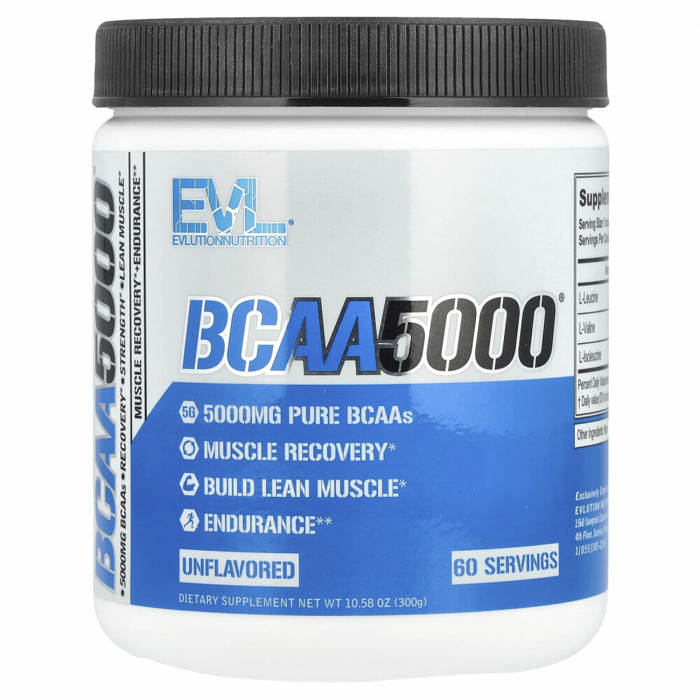 EVLution Nutrition, BCAA5000, без вкусовых добавок, 300 г (10,58 унции)