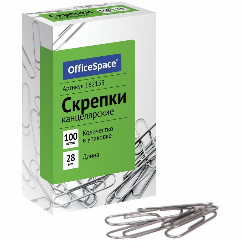 10 упаковок скрепок 28мм. OfficeSpace 100шт, (162153)