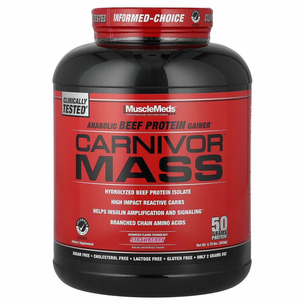 MuscleMeds, Carnivor™ Mass, анаболический гейнер с говяжьим протеином, клубничный вкус, 2628 г (5,79 фунта)