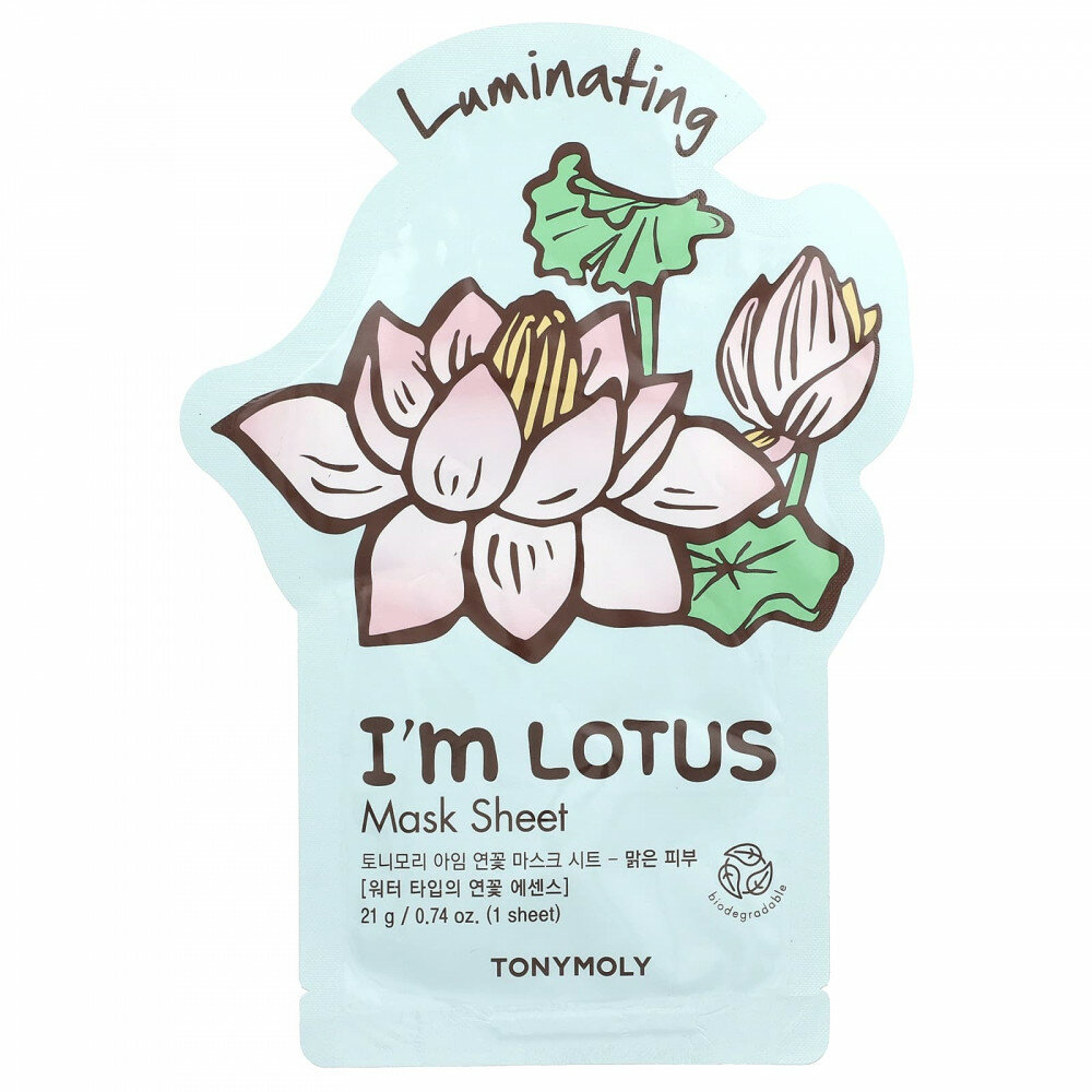TonyMoly, I'm Lotus, тканевая маска для придания сияния, 1 шт, 21 г (0,74 унции)