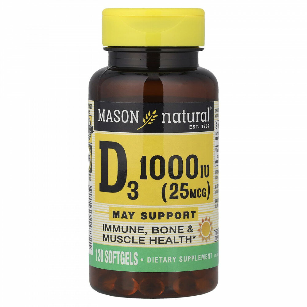 Mason Natural, витамин D3, 25 мкг (1000 МЕ), 120 капсул