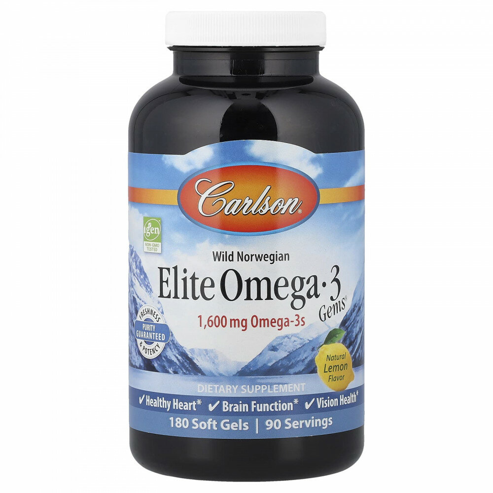 Carlson, Elite Omega-3 Gems®, отборные омега-3 кислоты из норвежской рыбы дикого улова, натуральный лимонный вкус, 180 капсул