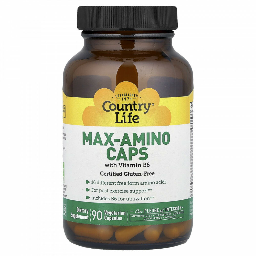 Country Life, Max-Amino Caps, аминокислоты с витамином B6, 90 вегетарианских капсул
