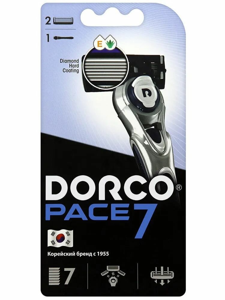 Бритва DORCO PACE 7, 7 лезвий, плавающая головка, 1 станок, 2 сменные касеты