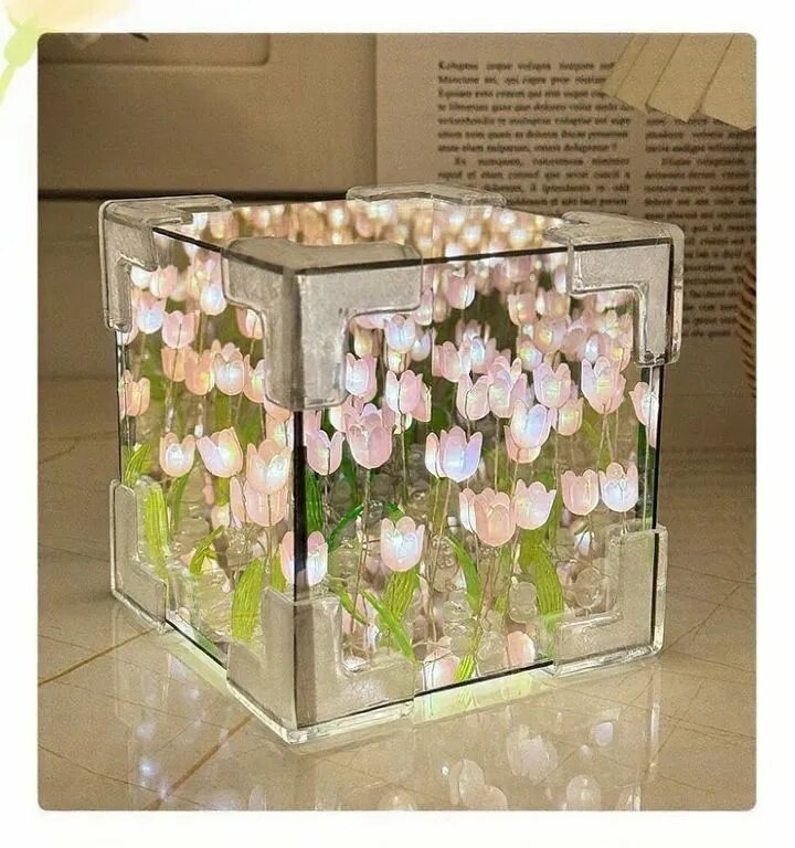 Ночник с тюльпанами / 3D светильник Куб собери сам / розовый