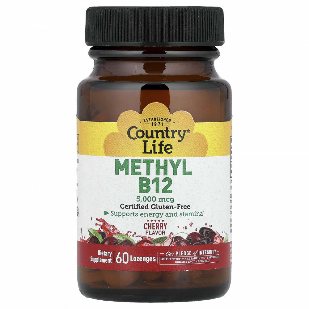 Country Life, метилированный витамин B12, со вкусом вишни, 5000 мкг, 60 пастилок