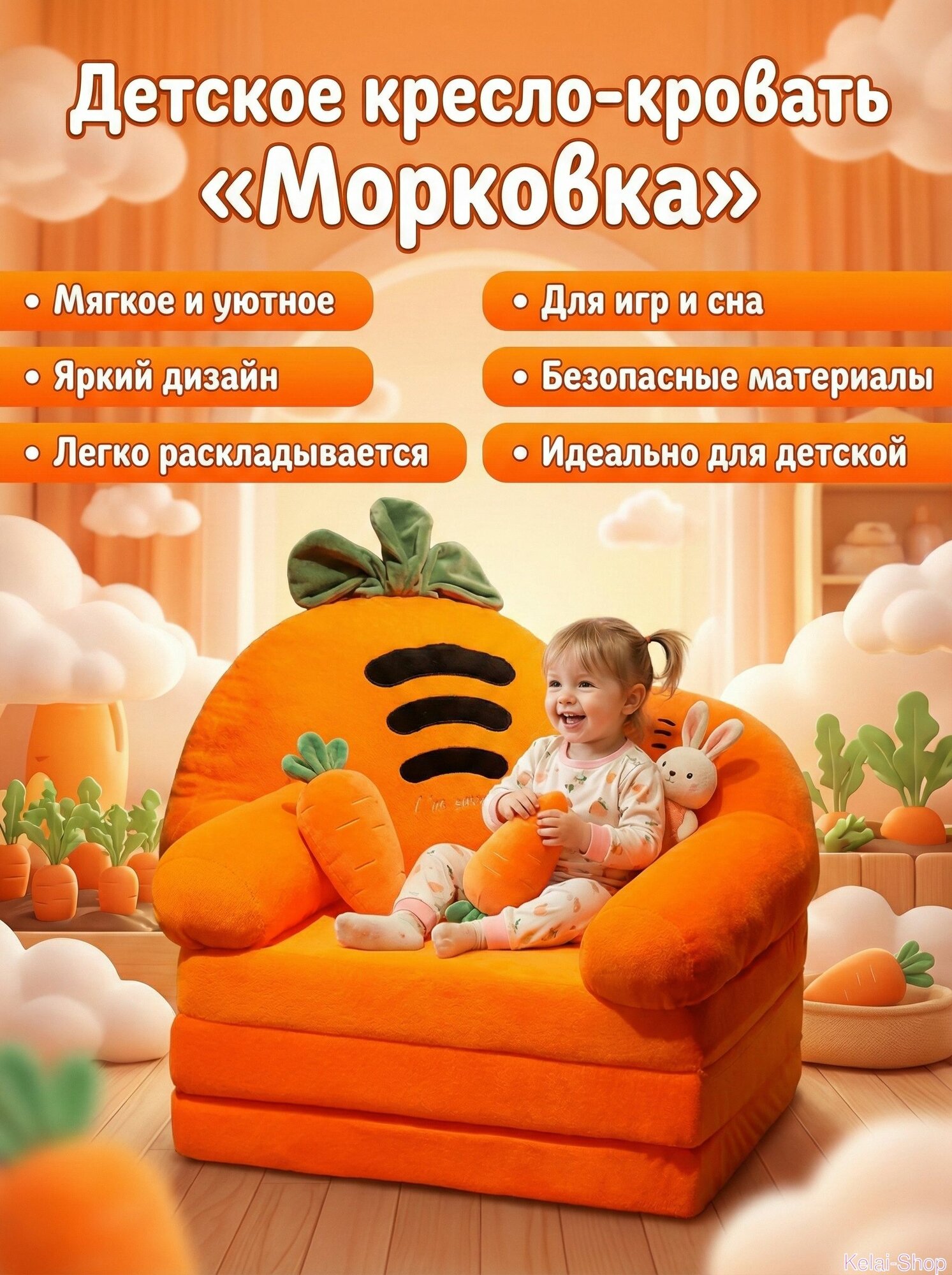 Прямой детский диван-кровать без пружин, раскладной, из хлопка, универсальный, для дома и дачи, оранжевый, 50x50x50 см