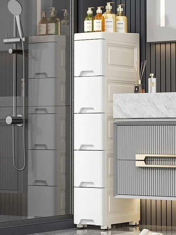 XHT Комод 5 ящиков 25х30x80 см Белый пластиковый комод для хранения в спальне или ванной