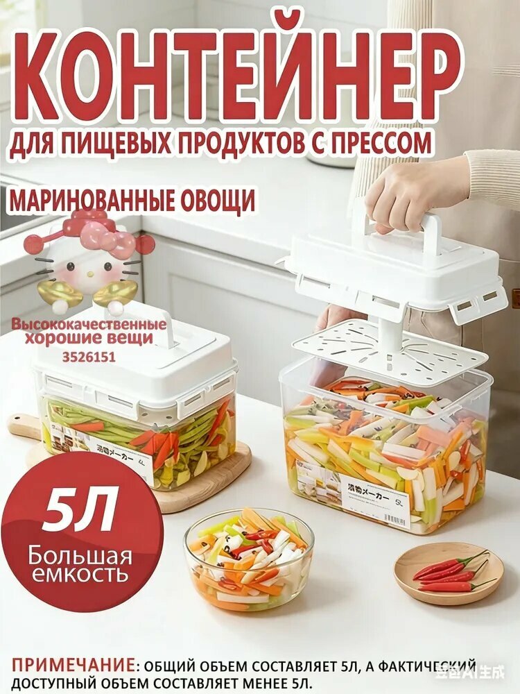 Контейнер пищевой "Контейнер для маринования с прессом, герметичный пластиковый контейнер для кимчи и солений, 5L, с крышкой для удобного хранения", 5000 мл, 1 шт