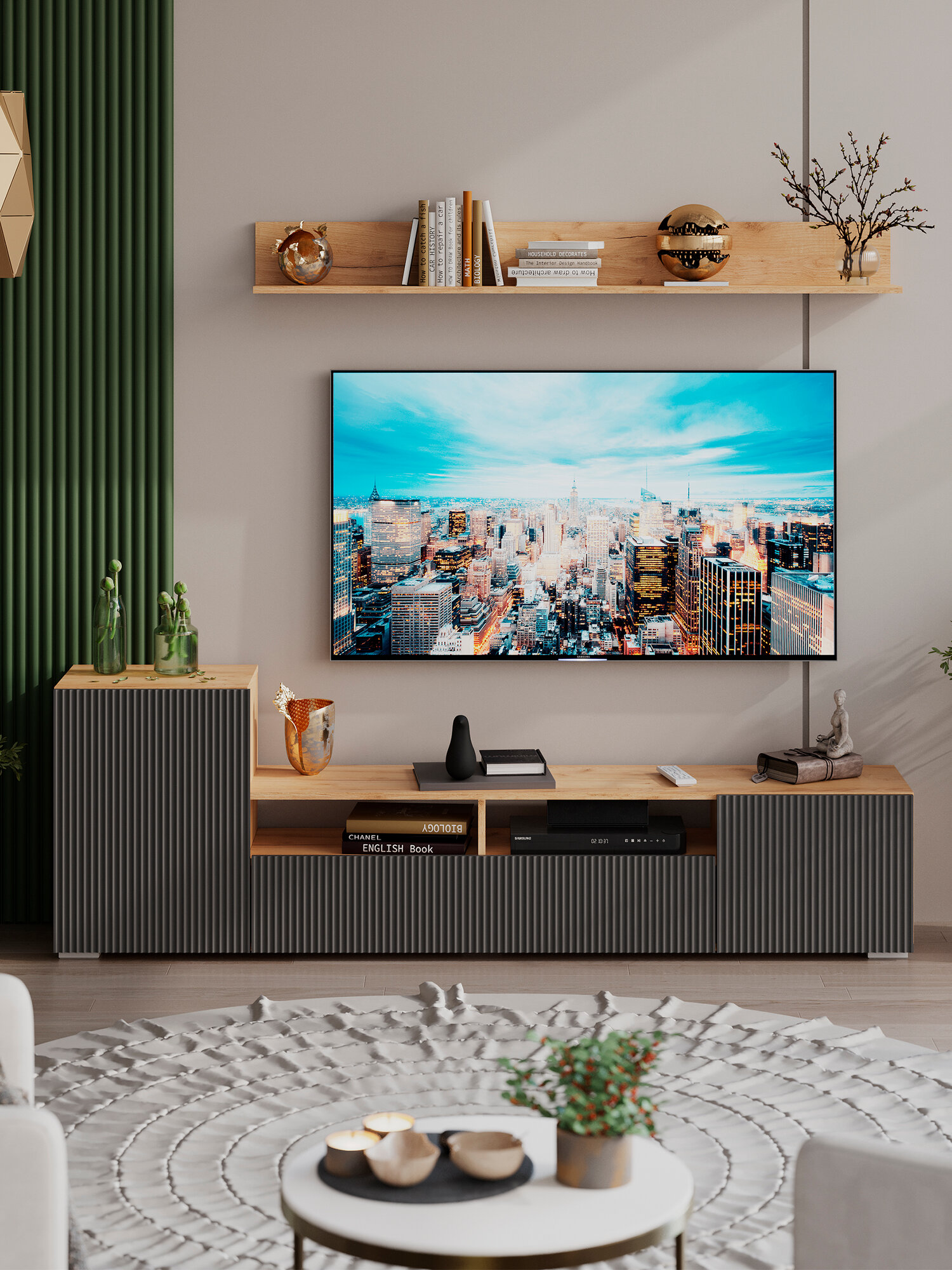 Гостиная Мебель Трия 193х34,9х61,2 Сильвия Тип 2 Дуб Крафт золотой/Графит матовый