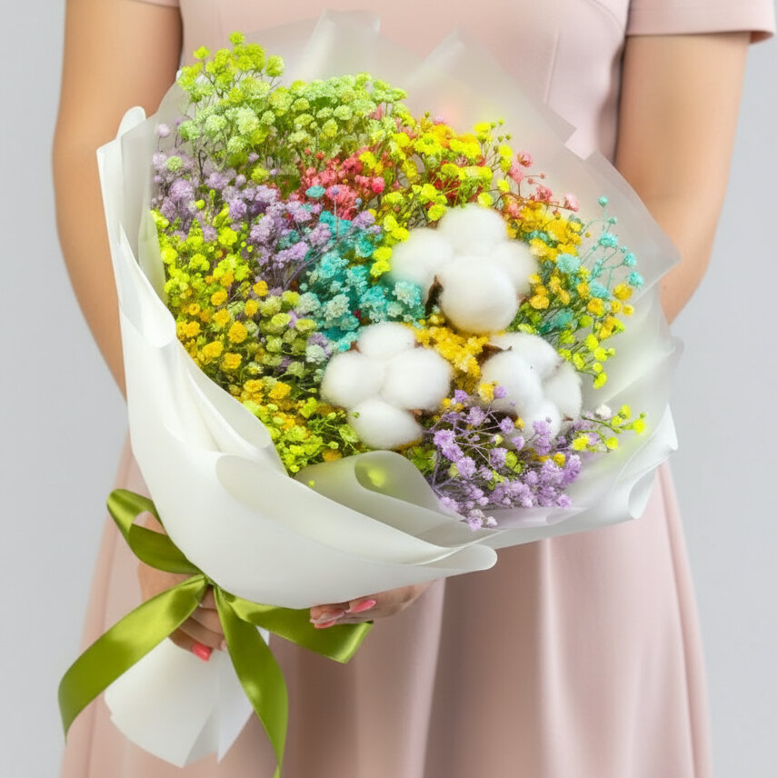 Дуо-букет Мегацвет24 "Гипсофила и Хлопок" мини, разноцветный, дизайнерская упаковка