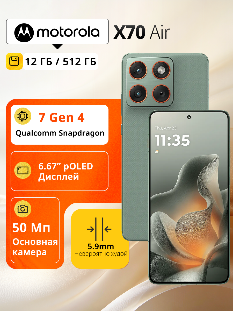 Смартфон Motorola X70 Air Snapdragon 7 Gen 4 NFC 120 Гц OLED тонкость 6 мм IP68/IP69 12/512 ГБ, бирюзовый