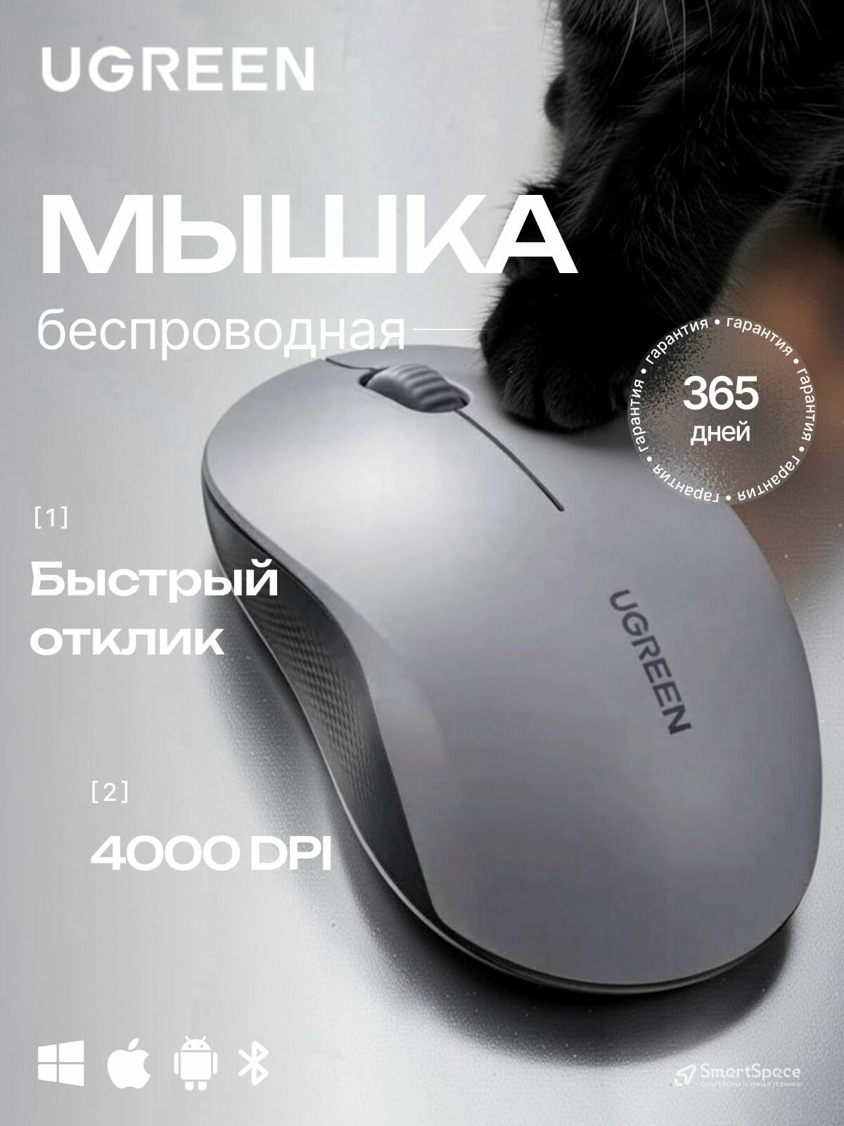 Беспроводная мышь UGREEN M331, серый