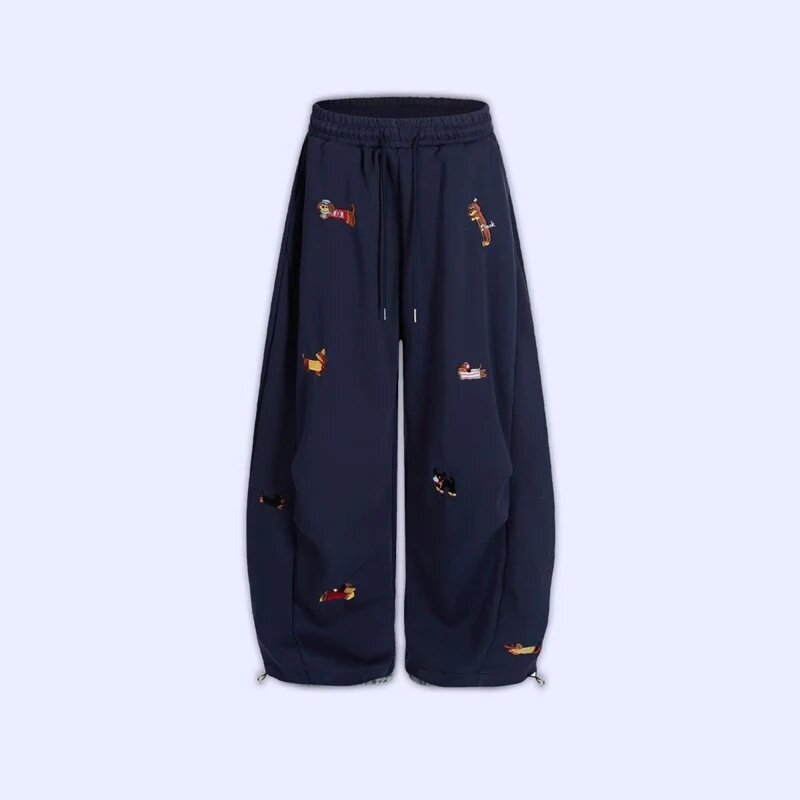 Мужские повседневные широкие брюки с вышивкой собаки, мешковатые уличные брюки Темно-синий, М, Синий