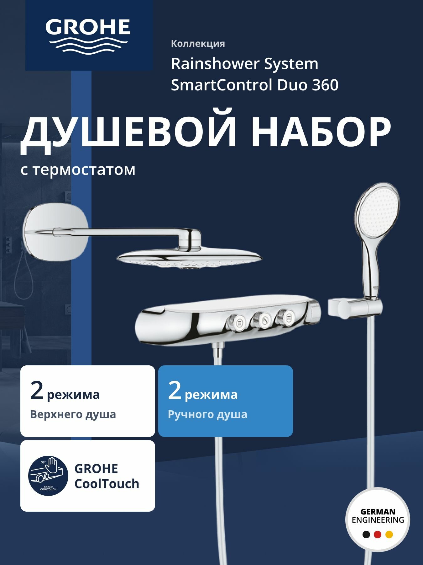 Душевая система GROHE Rainshower SmartControl 360 DUO с термостатическим смесителем, 3 режима верхнего душа, (без встраиваемой части), хром (26443000)