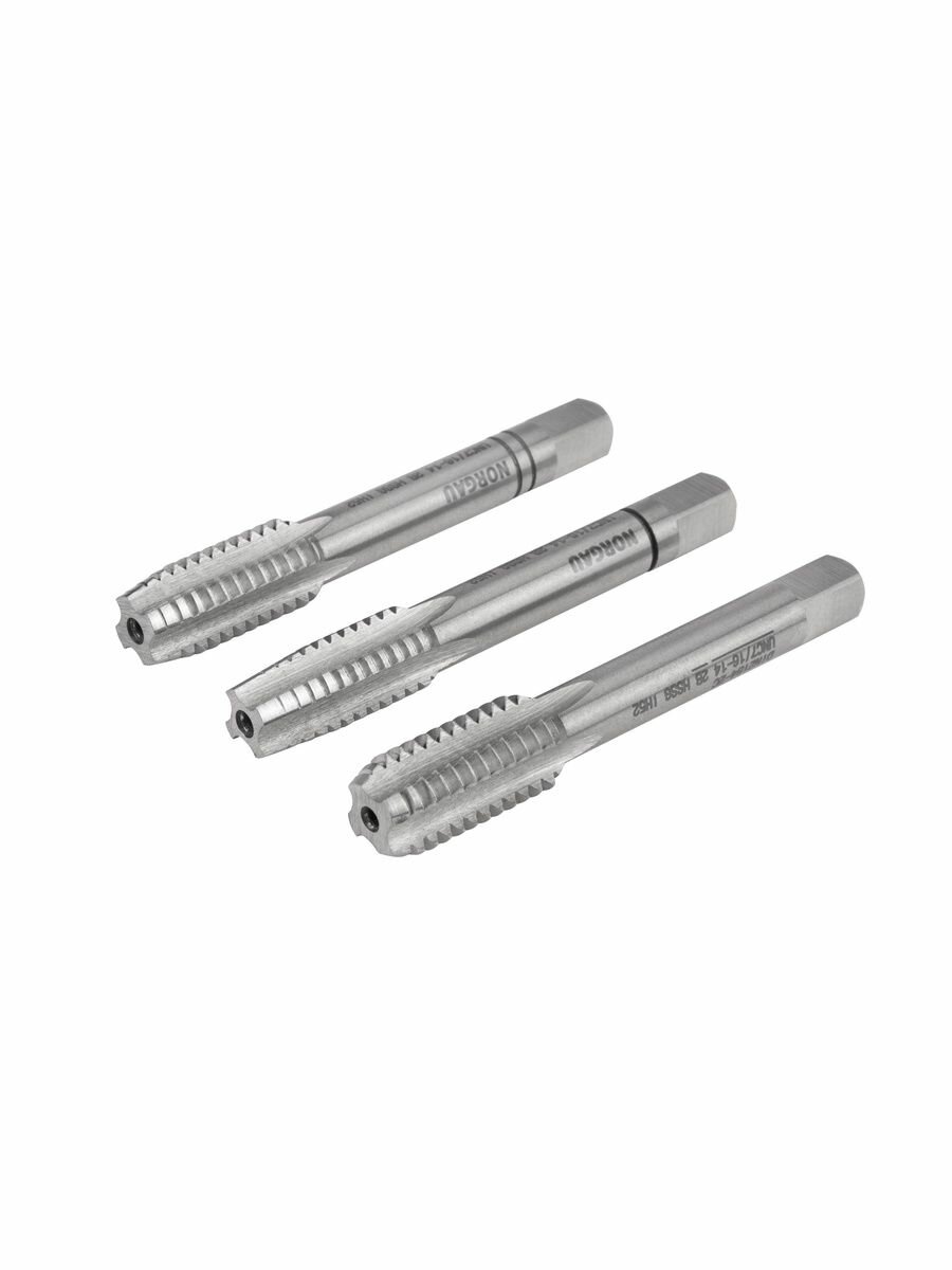 Набор метчиков NORGAU Industrial UNC 7/16, из HSS, по стали, чугуну и цветным металлам, 3 предмета.