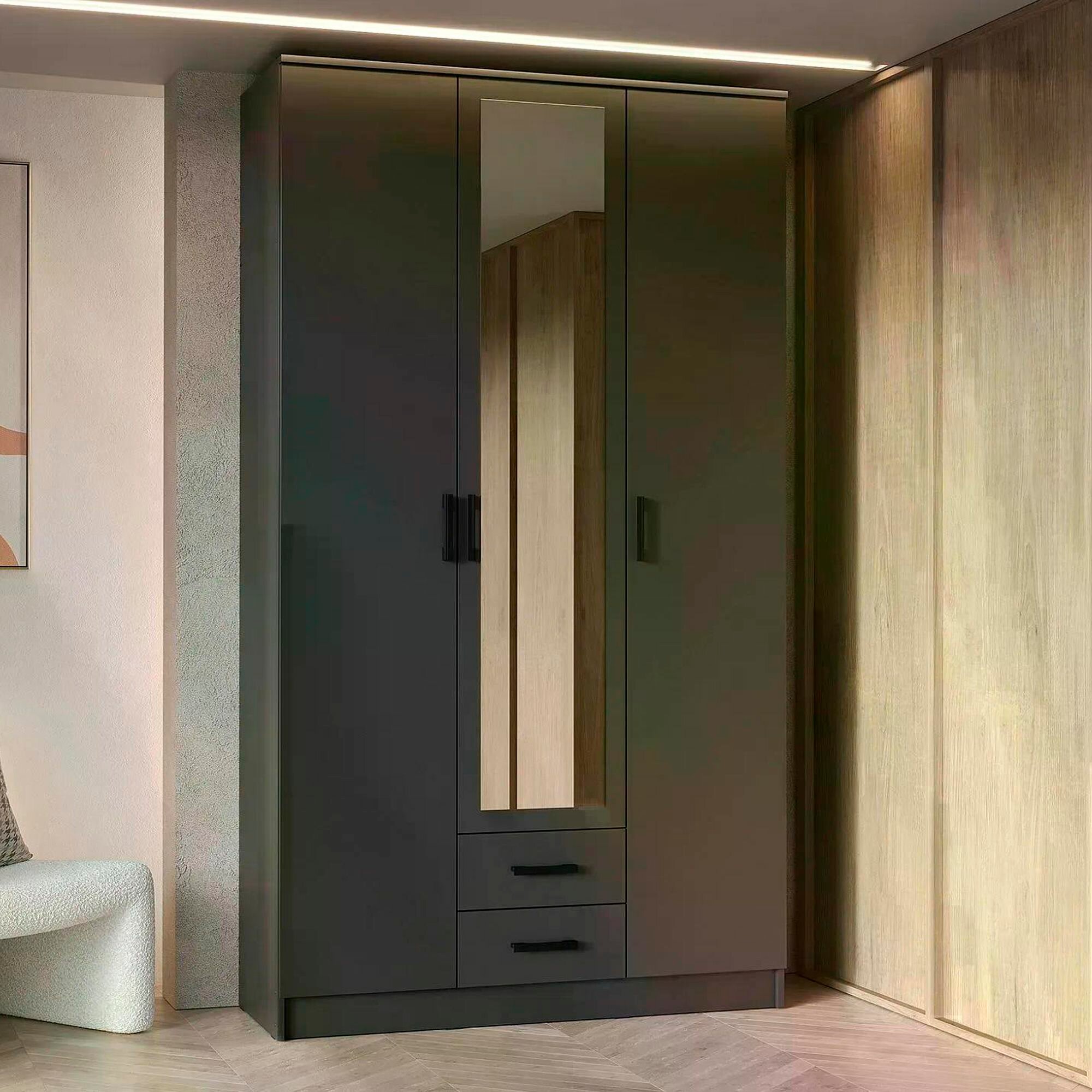 Шкаф трио Графит с зеркалом ширина 120 см ЛДСП с ящиками в спальню для гостиной с полками