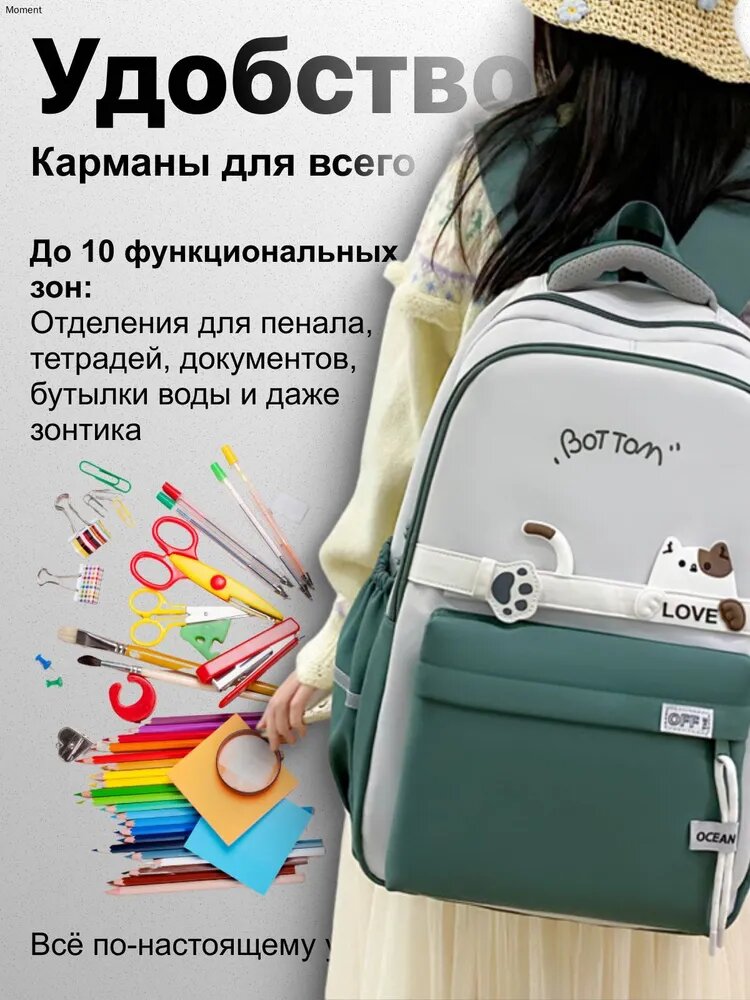 Рюкзак школьный для девочек Зеленый с котиком 20л. Компактный, но вместительный, для учеников начальной школы — фото 1