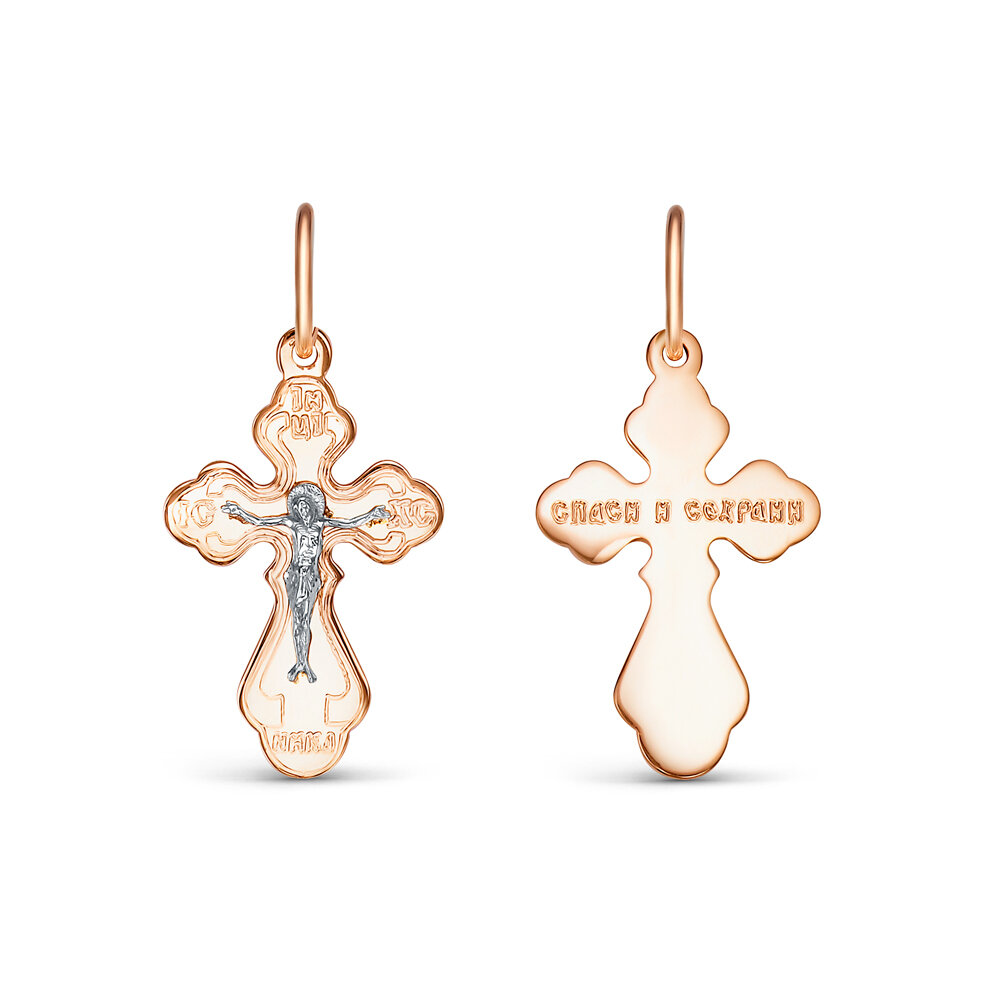 Крестик, красное золото, 585 проба, родирование, гравировка