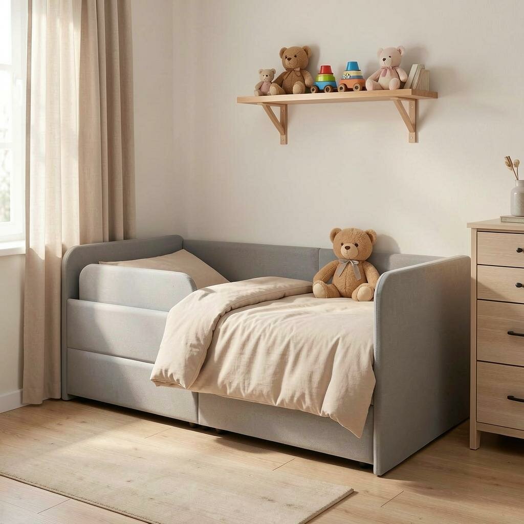 Кровать детская Смайл 140*70 серая с защитным бортиком, выкатными ящиками, матрас в комплекте