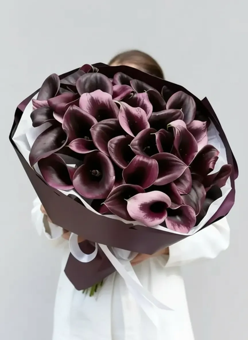 Букет цветов, букет из бордовых Калл 51 штука, премиум букет, мужской букет, долго стоящие цветы, доставка