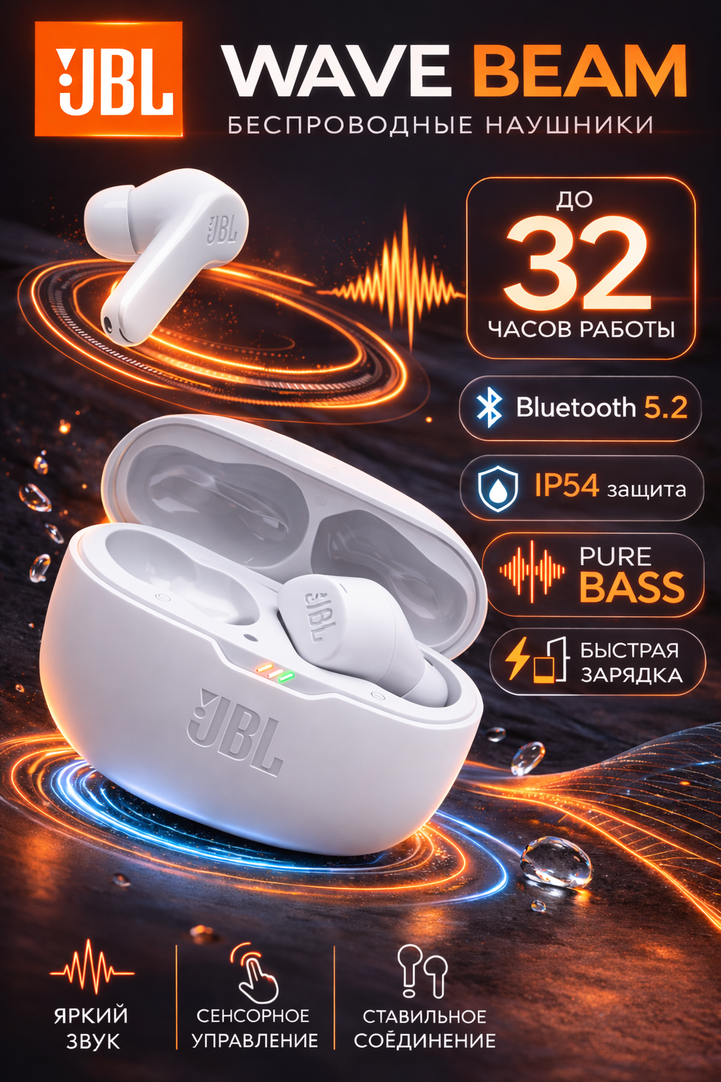 Беспроводные наушники JBL Wave Beam TWS, IP54, с микрофоном, Bluetooth 5.2, белые