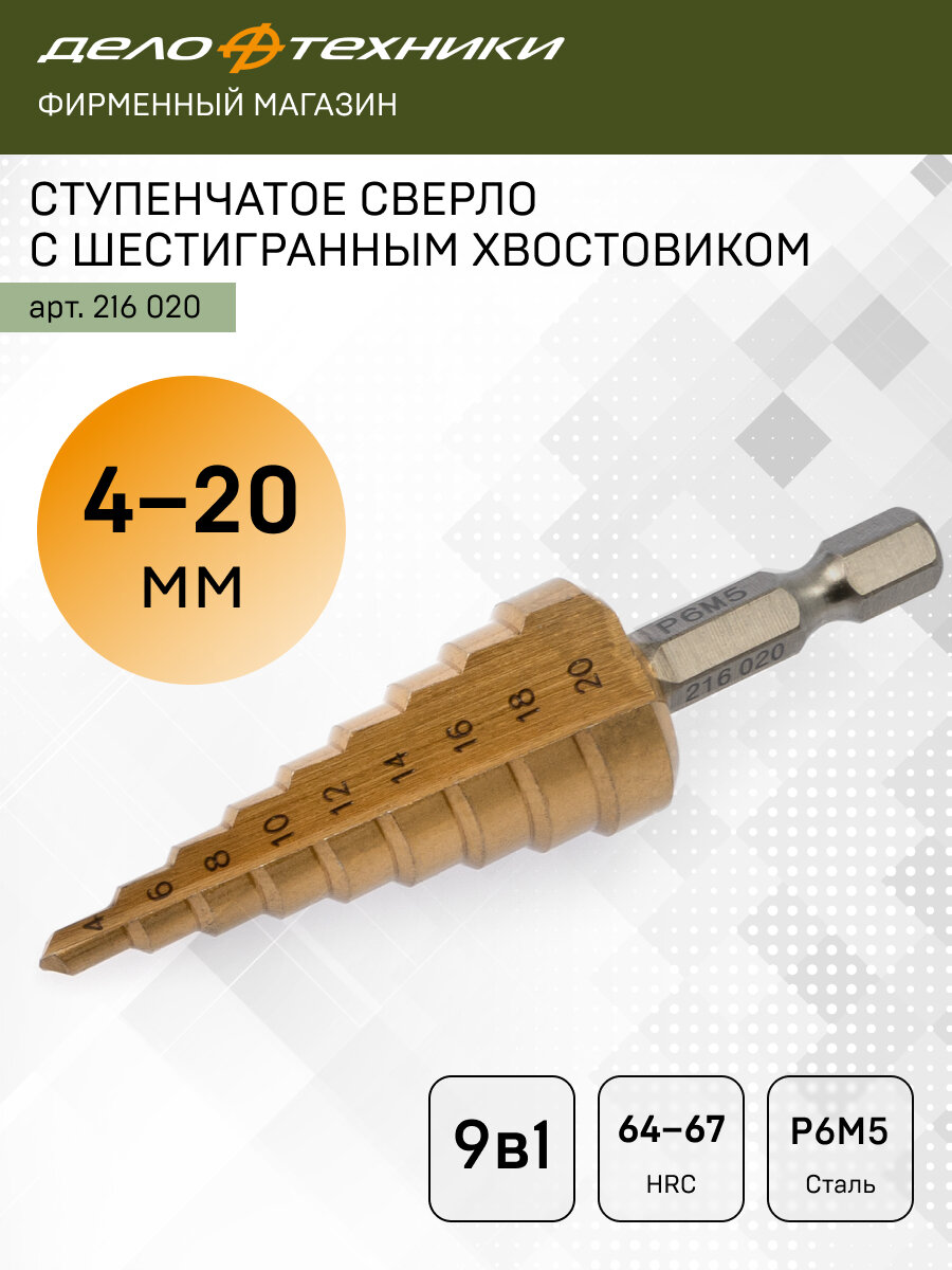 Сверло ступенчатое по металлу Дело Техники с шестигранным хвостовиком Ø4-20мм, 216020