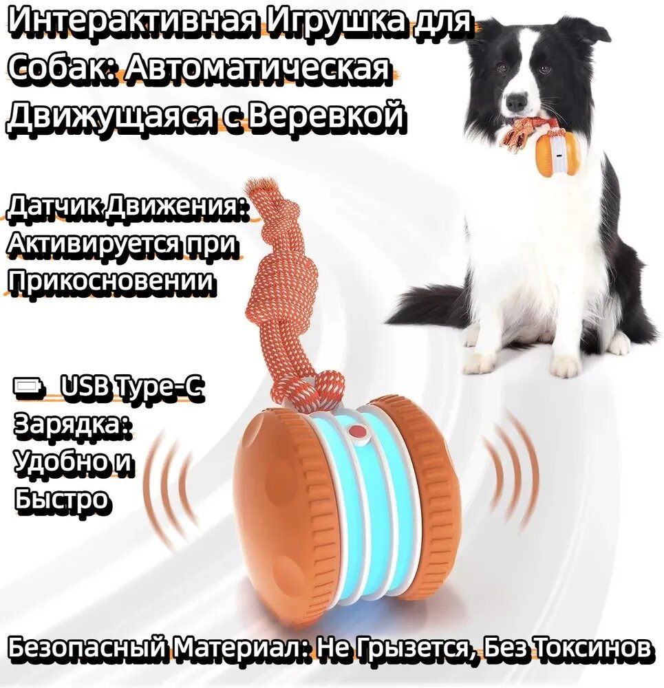 Интерактивная игрушка для собак "Умный шар" с автоматическим движением и веревкой Для малых, средних и крупных пород Безопасный материал, 2 скорости, датчик движения